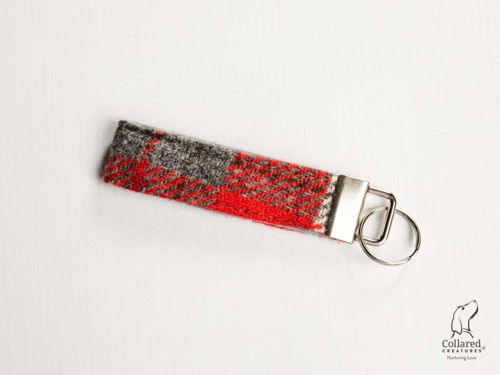Collared Creatures Red And Grey Check Luxury Harris Tweed Keyring | Key Fob